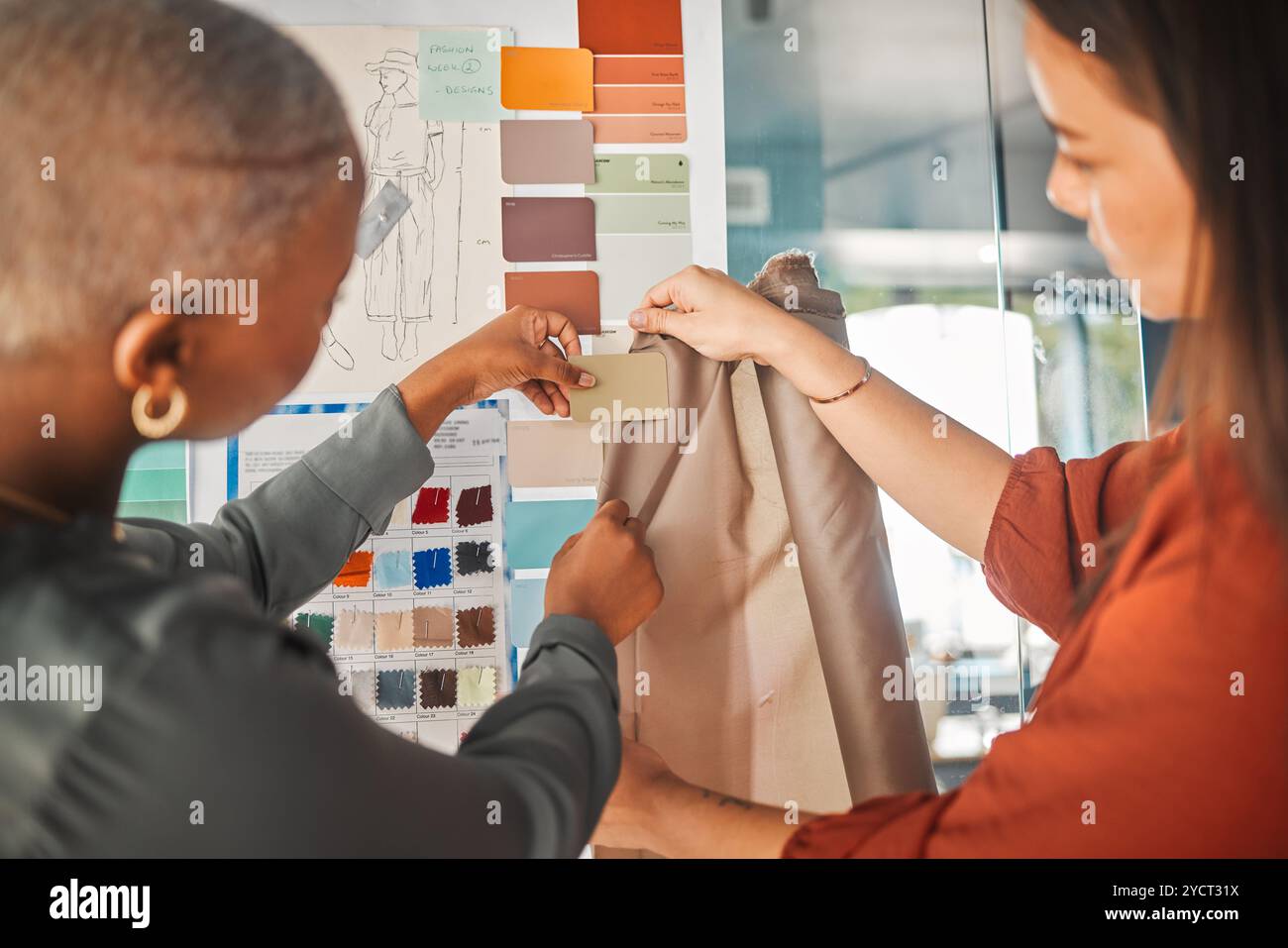 Business, women and fabric as fashion designer at office with patterns ...