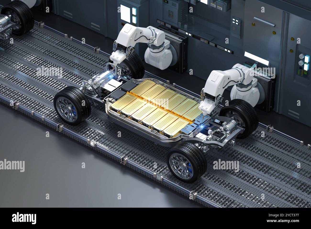 Automation automobile factory concept with 3d rendering robot assembly line with golden ev car ...