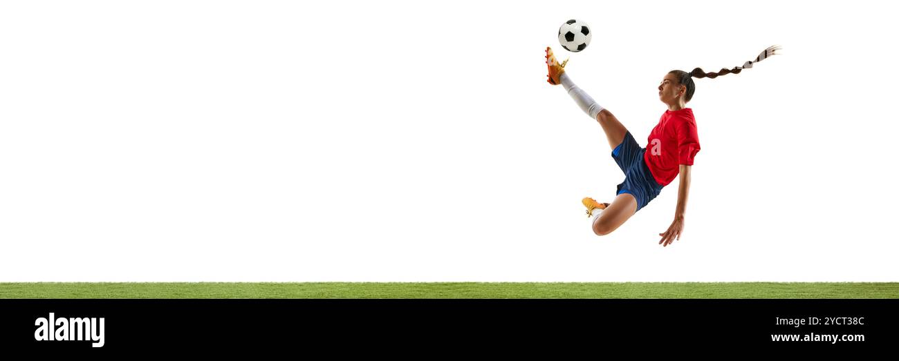 Banner. Female soccer player performing bicycle kick, overhead kick ...