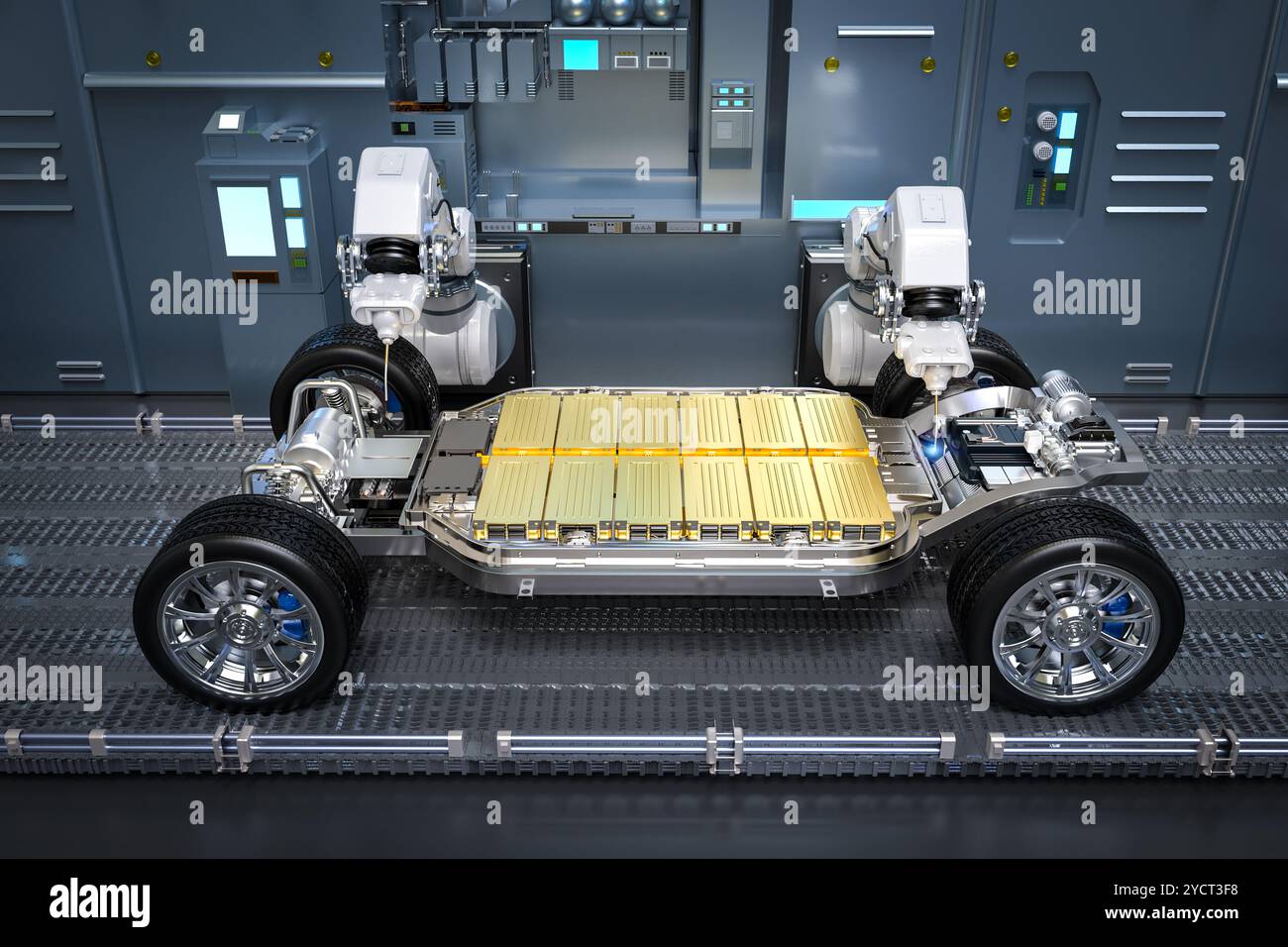 Automation automobile factory concept with 3d rendering robot assembly ...