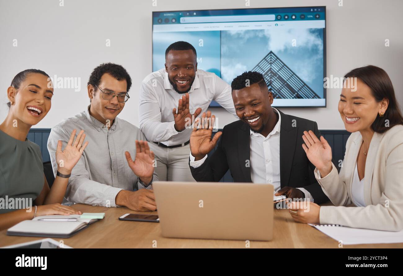 Group, video call and wave in meeting, smile and speaker with ideas ...