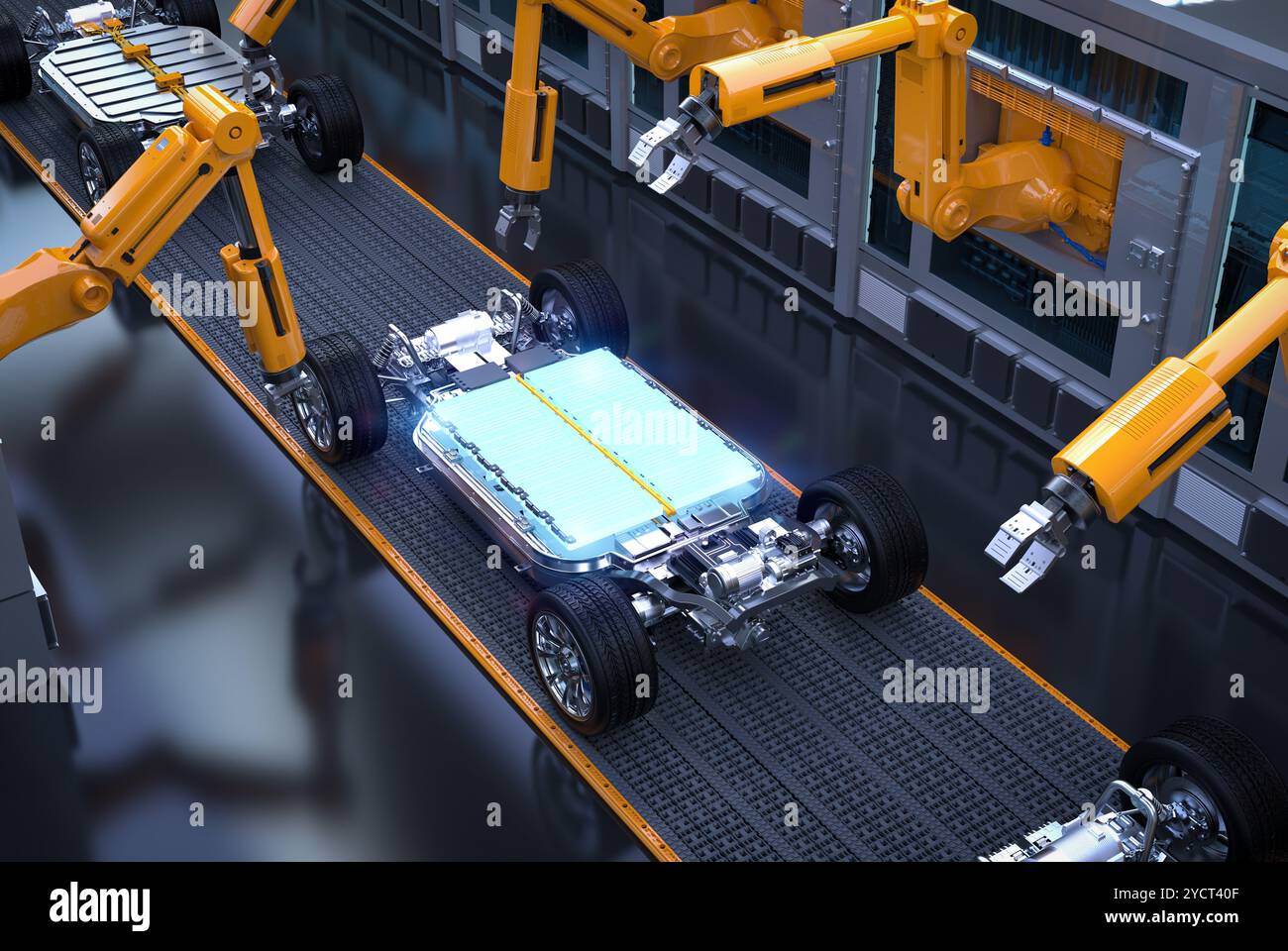 Automation automobile factory concept with 3d rendering robot assembly line with glowing ev car ...