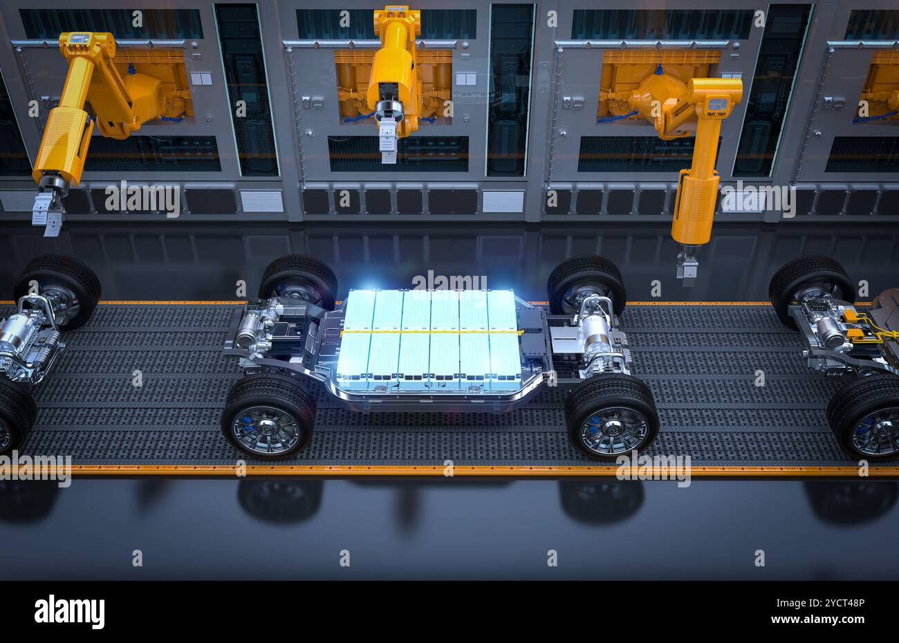 Automation automobile factory concept with 3d rendering robot assembly line with glowing ev car ...