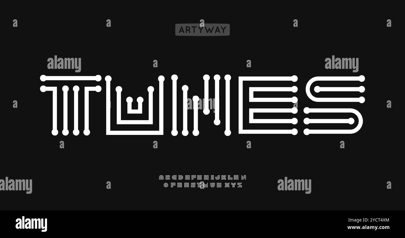 Tech geometric font, digital circuit pattern letters, maze labyrinth ...