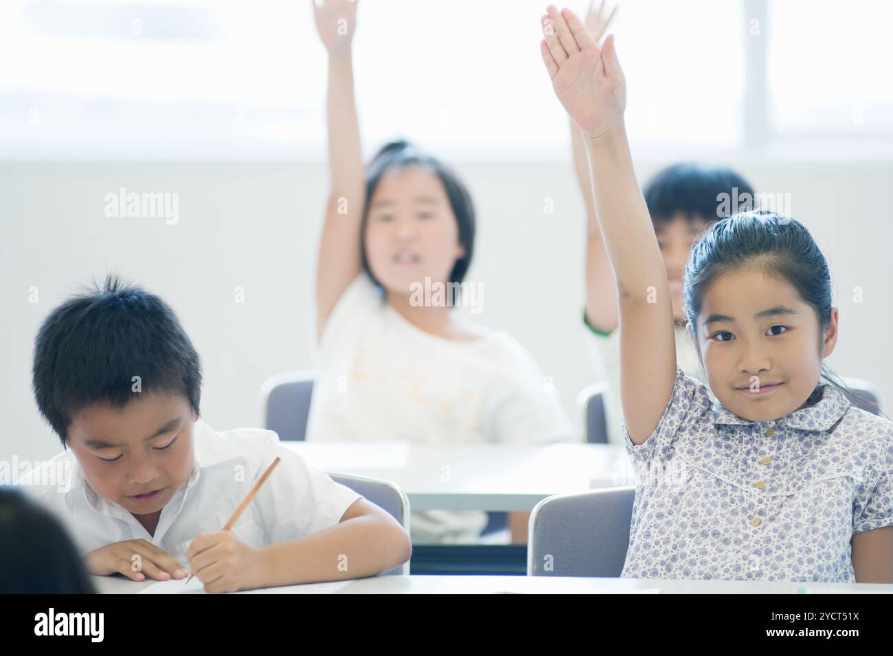 Schoolchildren raising their hands Stock Photo - Alamy