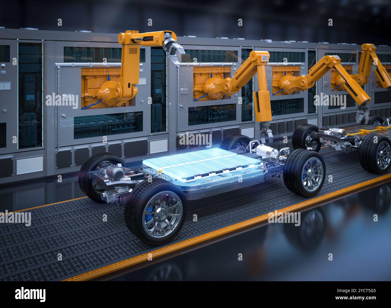Automation automobile factory concept with 3d rendering robot assembly line with glowing ev car ...