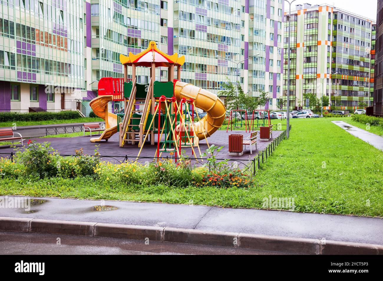 Colorful Ñ hildren's playground for kids in new district with many ...