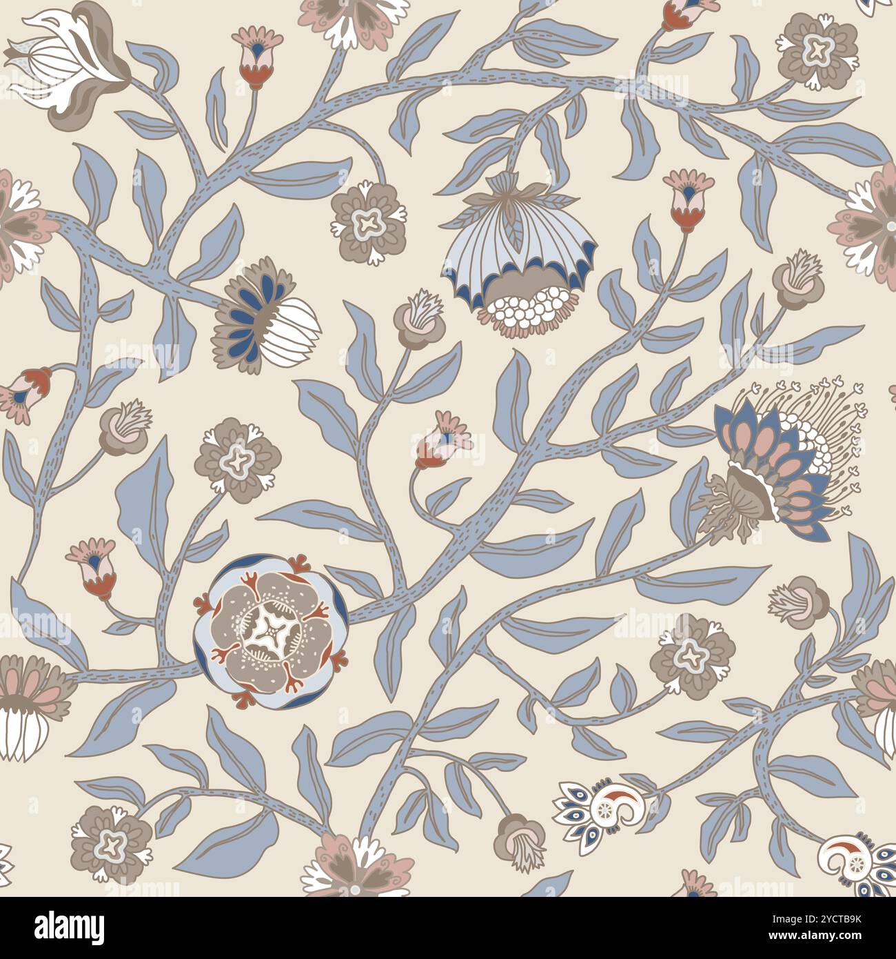 Earthy colour floral seamless pattern. Repeating design of stylised flowers and leaves Stock ...
