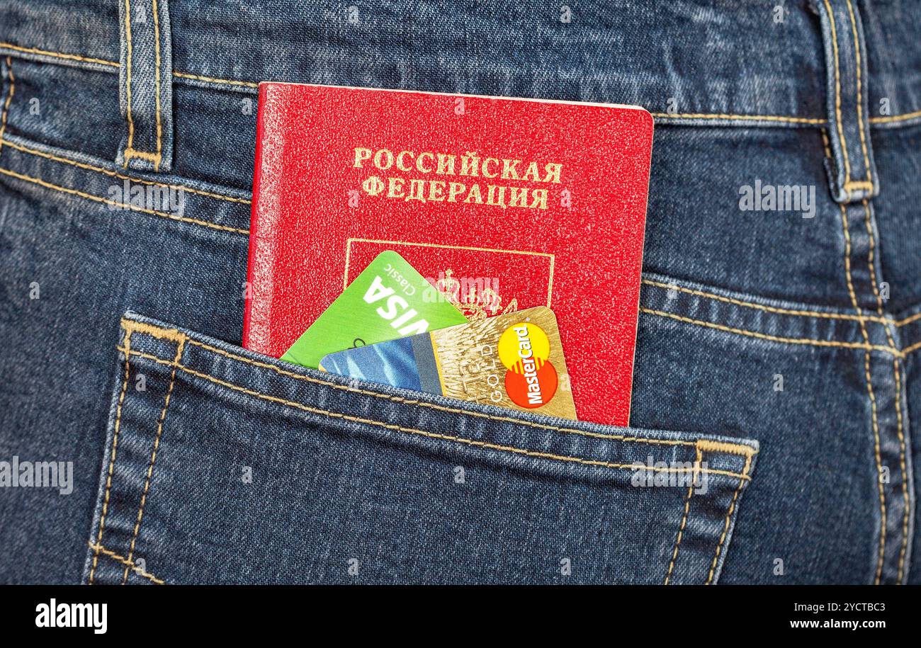 Russian passport and credit cards in back jeans pocket Stock Photo - Alamy