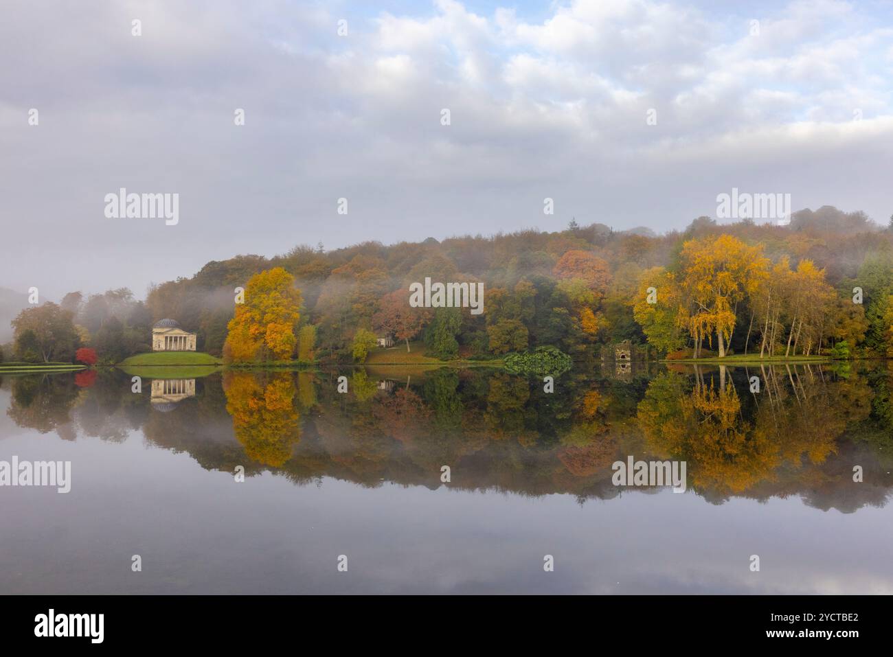 Mist and autumn colours surround the Pantheon this morning at Stourhead ...