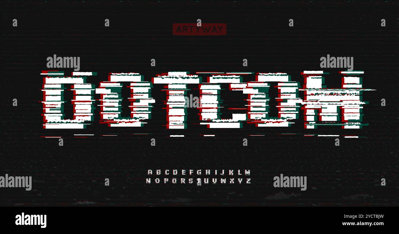 Bold glitch font, distorted pixelated letters, cyberpunk aesthetic alphabet for digital errors ...