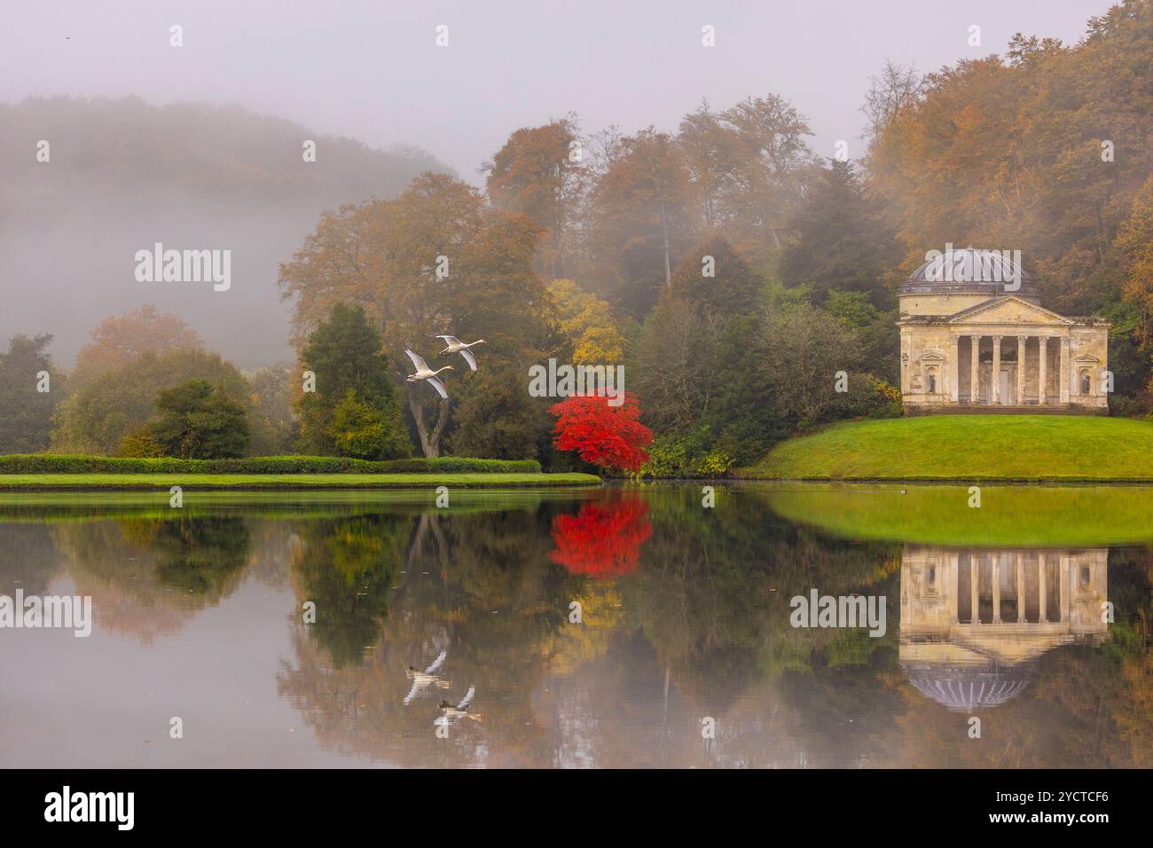 Mist and autumn colours surround the Pantheon this morning at Stourhead ...