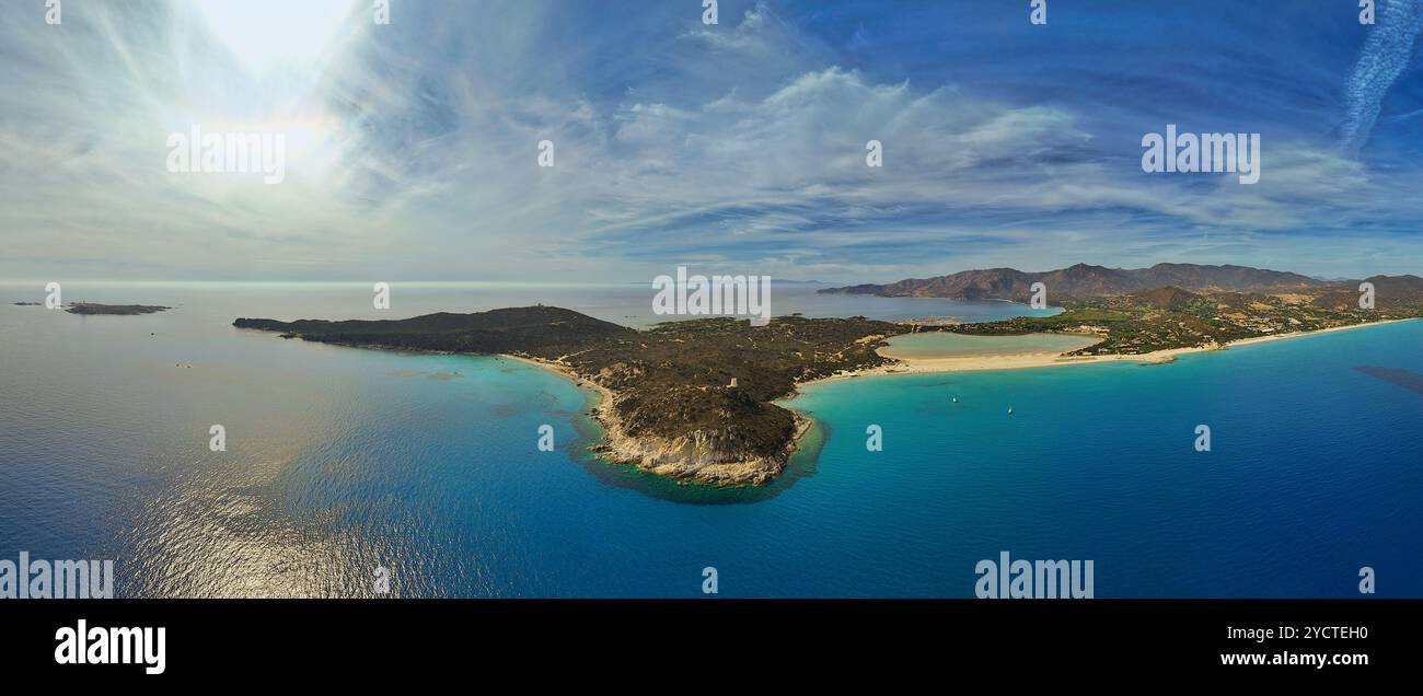 Panoramic drone view of Capo Carbonara, with the beautiful Porto Giunco ...
