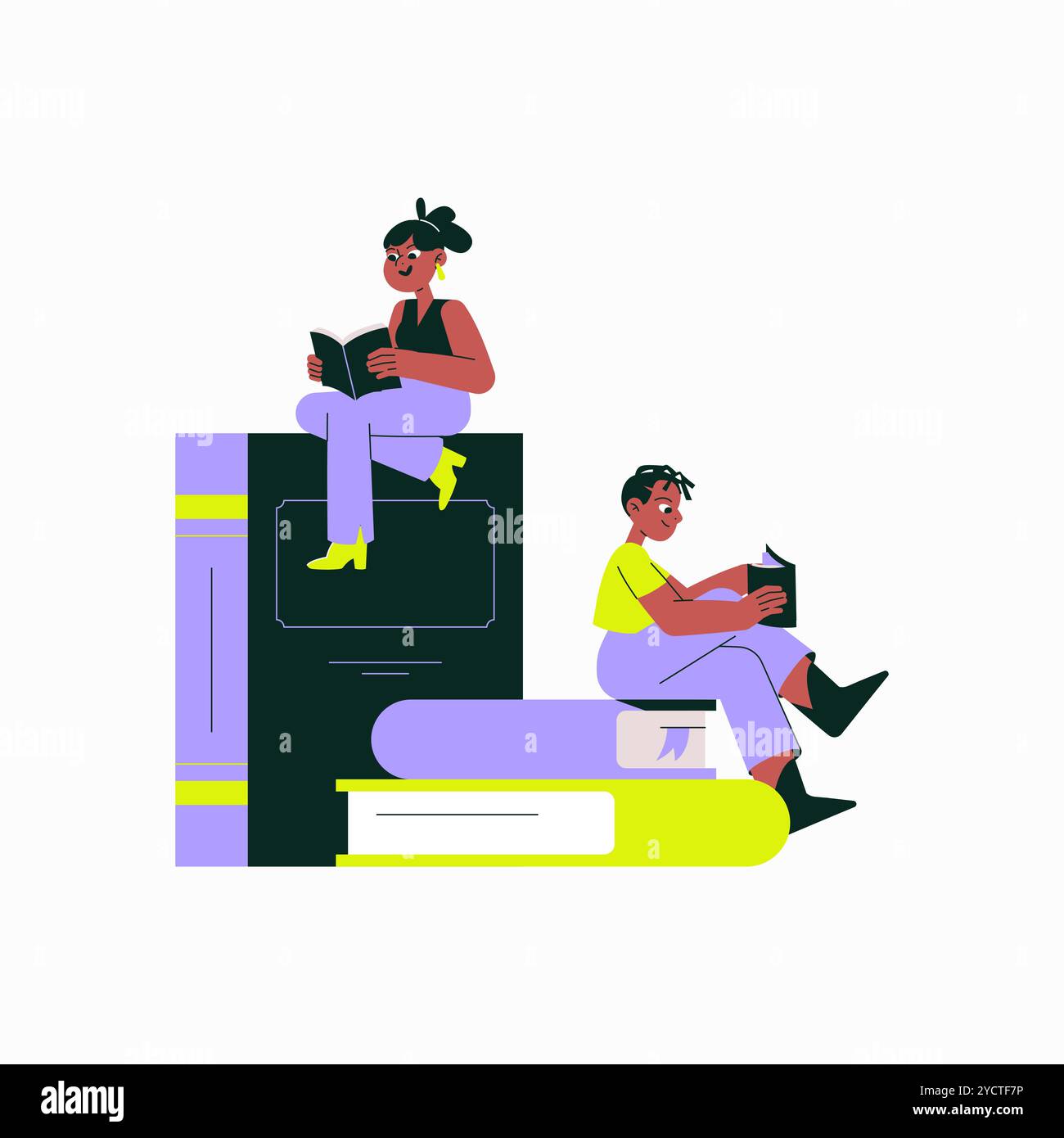 Two Students Reading On Stacked Books In Flat Vector Illustration Symbolizing Education ...