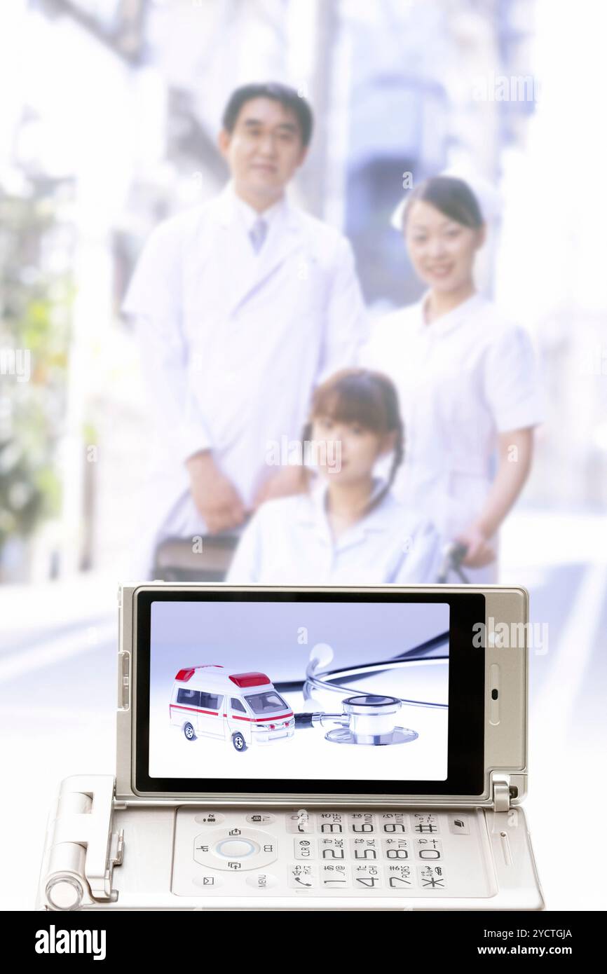 Doctor, patient and medical equipment on mobile phone screen Stock ...