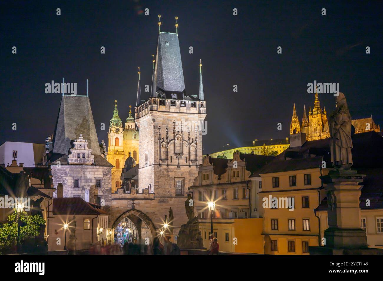Lesser Town Bridge Tower at night, Hradcany, Charles Bridge, Vltava, Lesser Town, Prague, Czech ...