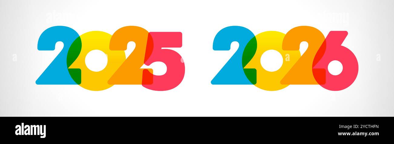Set of New Year 2025 and 2026 colorful icons. Business titles for calendar or planner. Creative ...