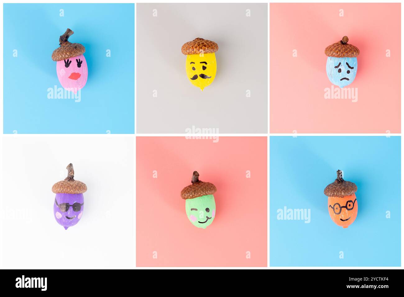 Hand painted acorns with various facial expressions arranged in a grid ...