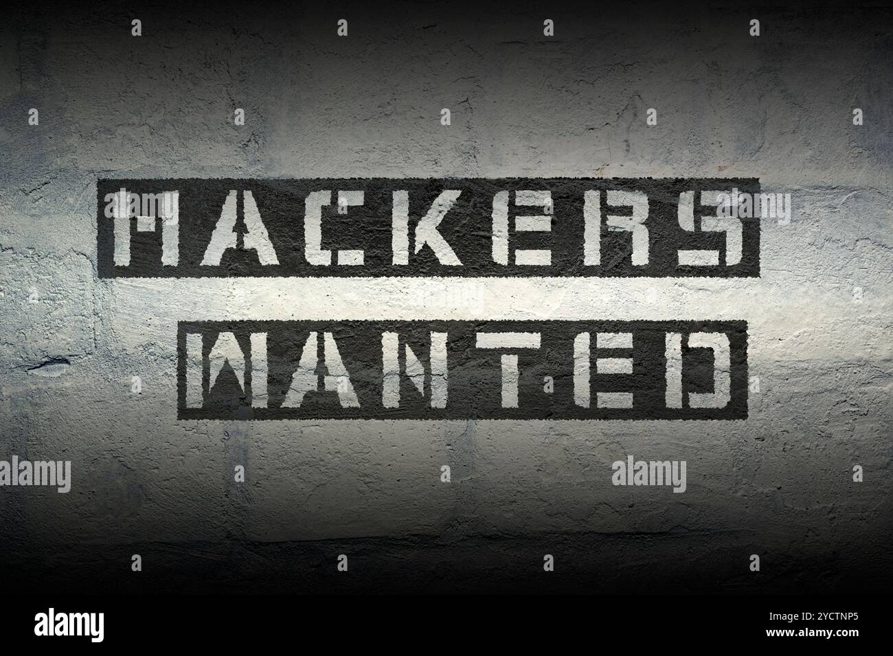 hackers wanted stencil print on the grunge white brick wall Stock Photo ...
