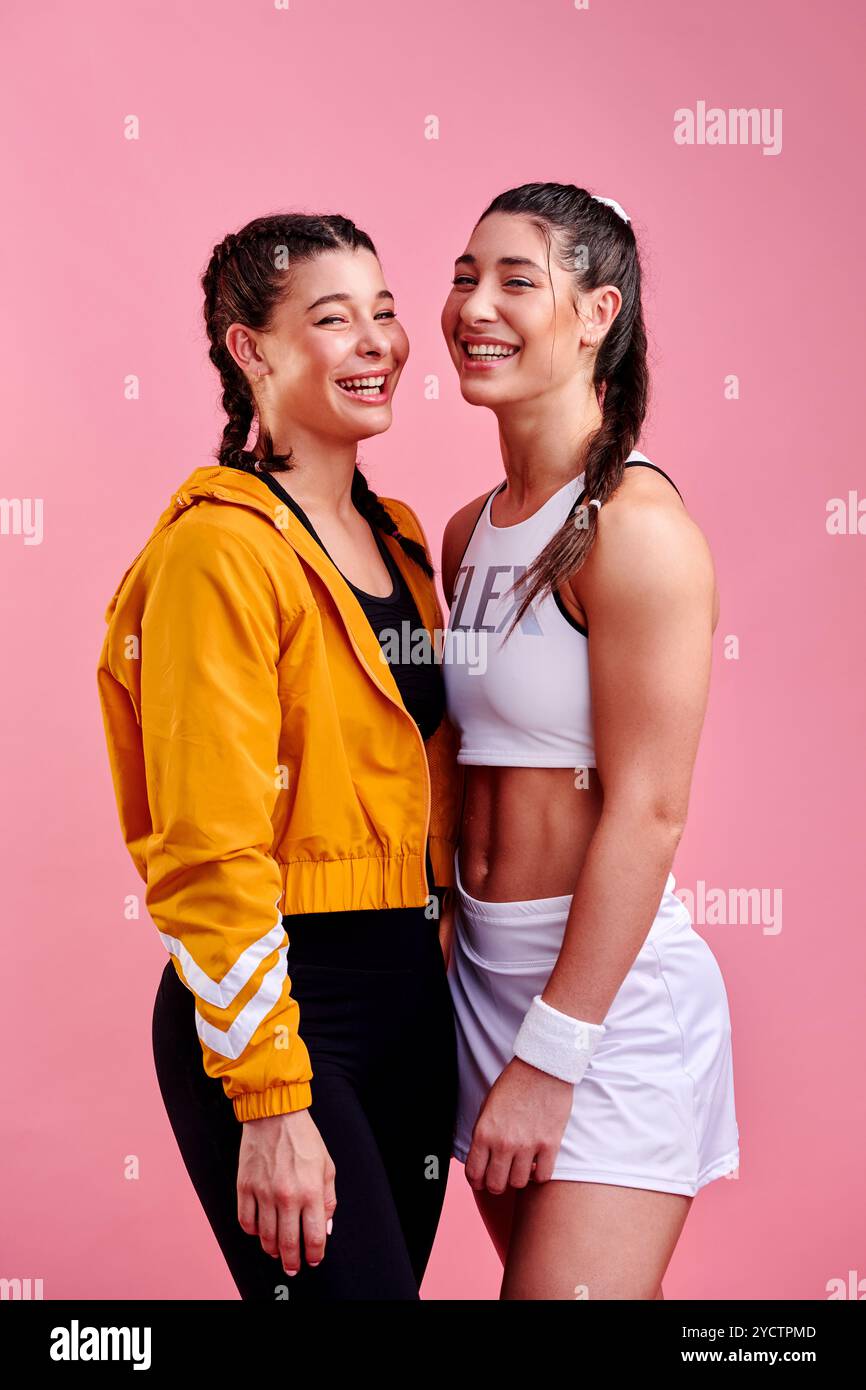 Women, fitness and portrait of twin sisters laughing for exercise ...