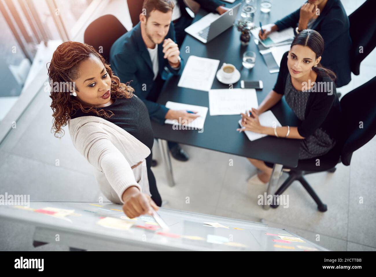 Business people, whiteboard and sticky notes for ideas in office, plan ...