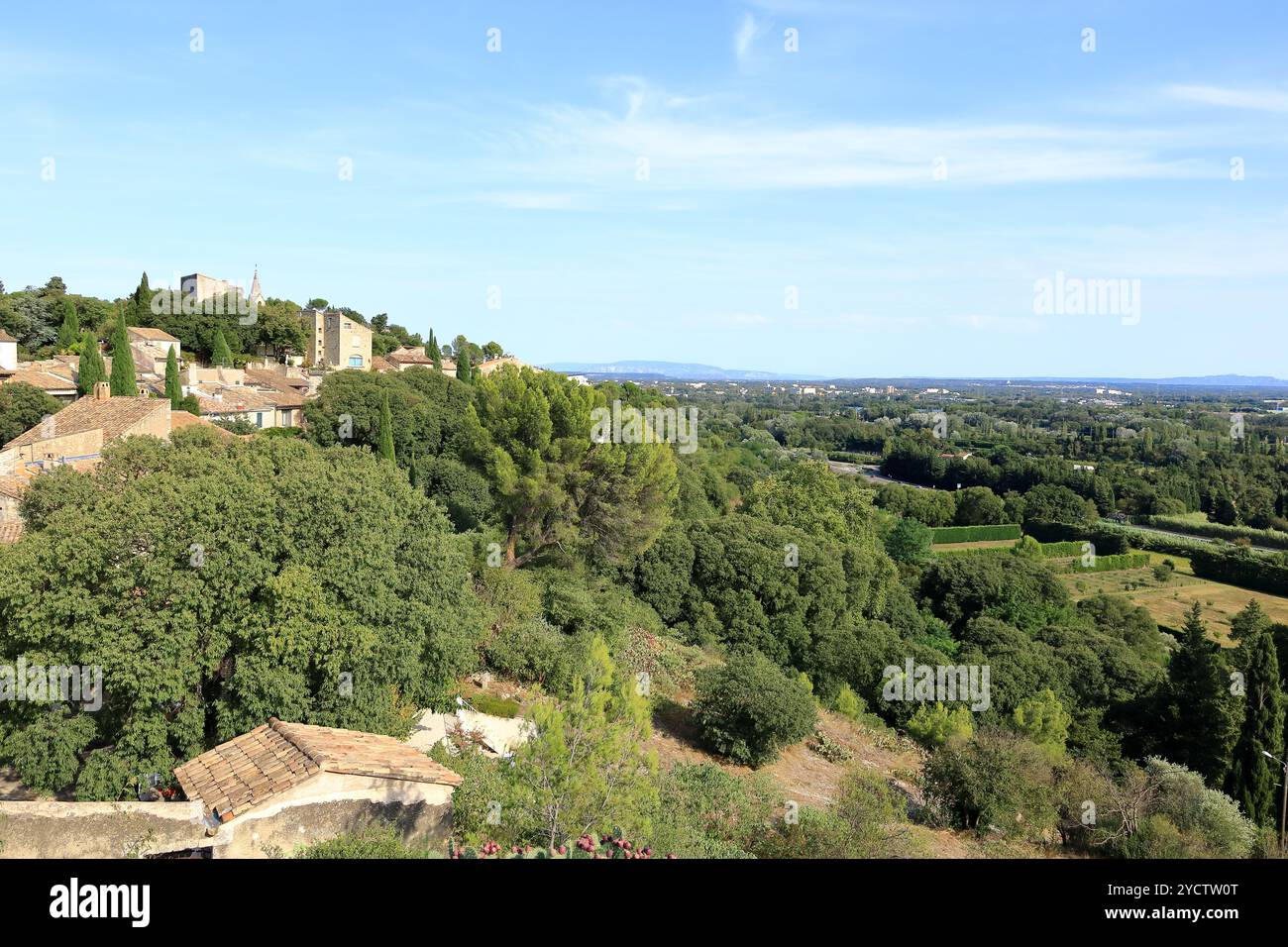 the view to the hilltop village Les Angles near Avigon, Provence ...