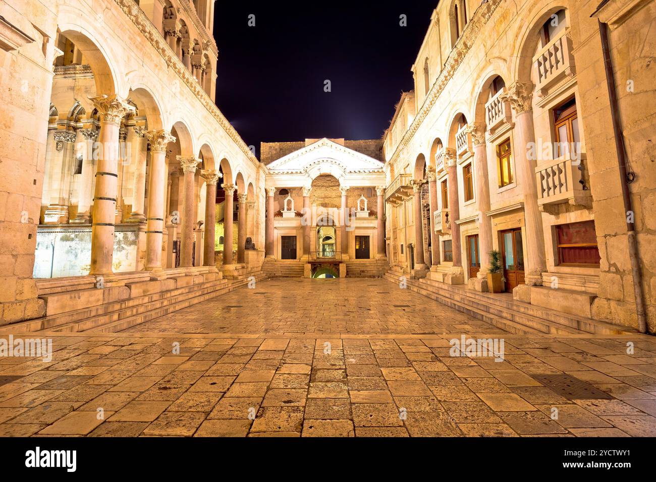Split historic landmarks evening view of Peristil square Stock Photo ...