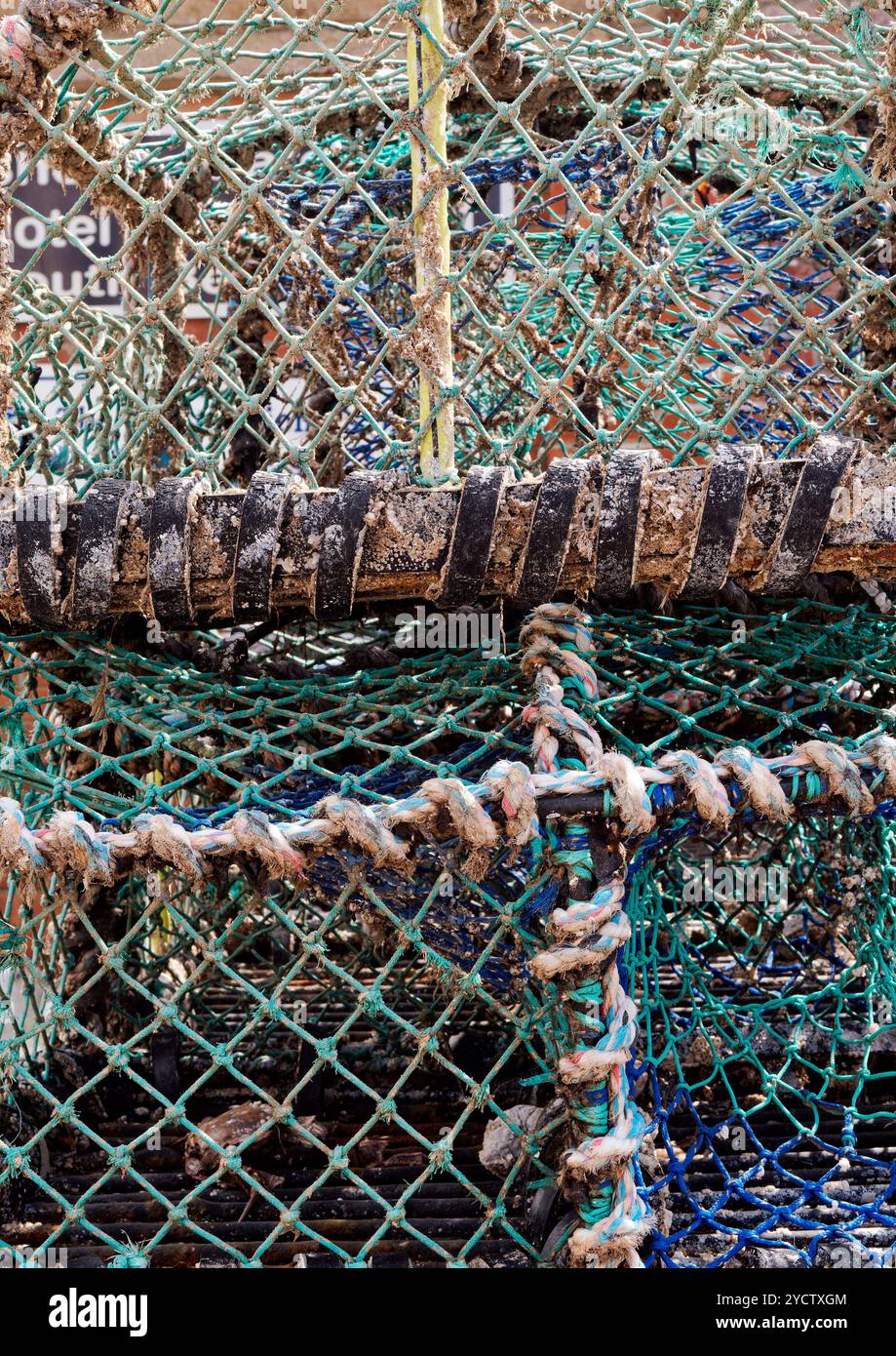 Traditional crab and lobster pots made of wood, plastic hoops and ...