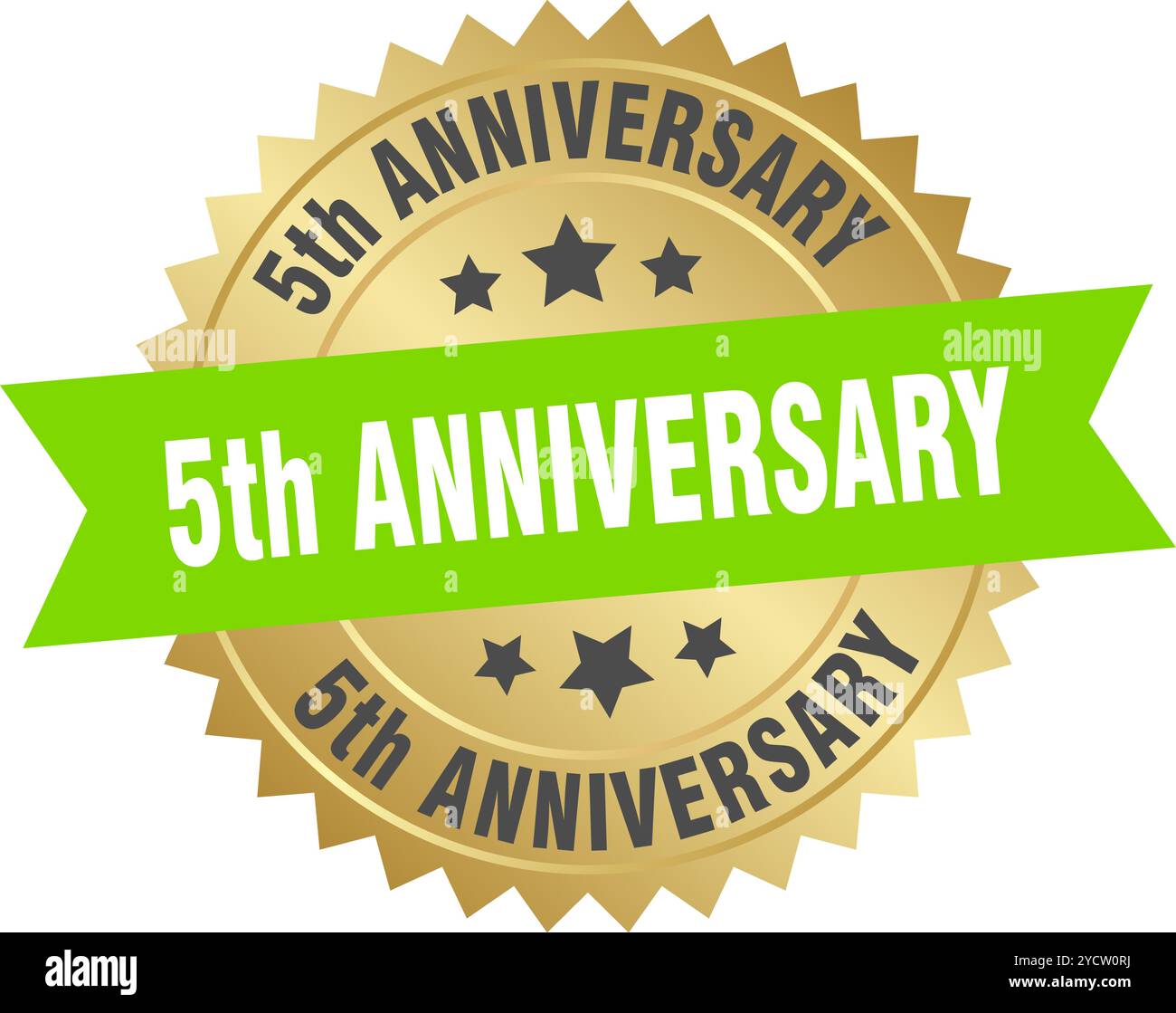 5th anniversary round green and gold label isolated on transparent ...