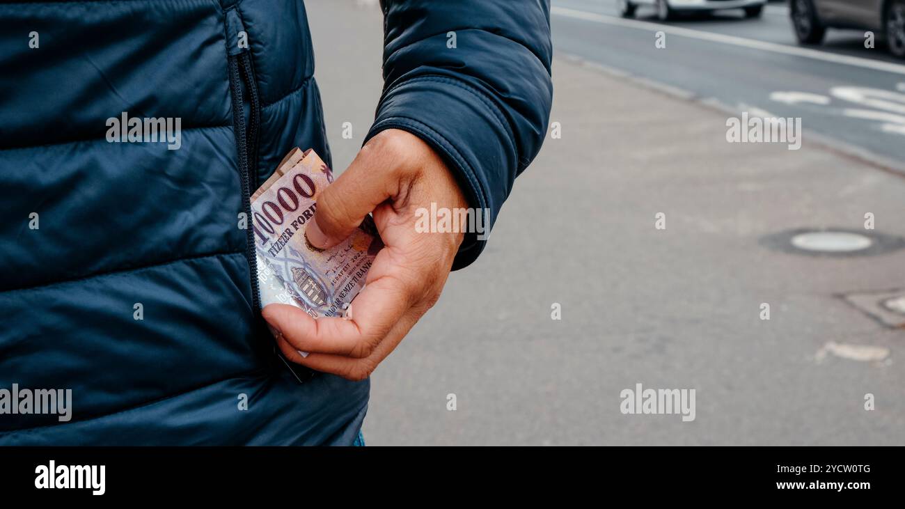 a man puts some hungarian forint notes into his jacket pocket, on the ...