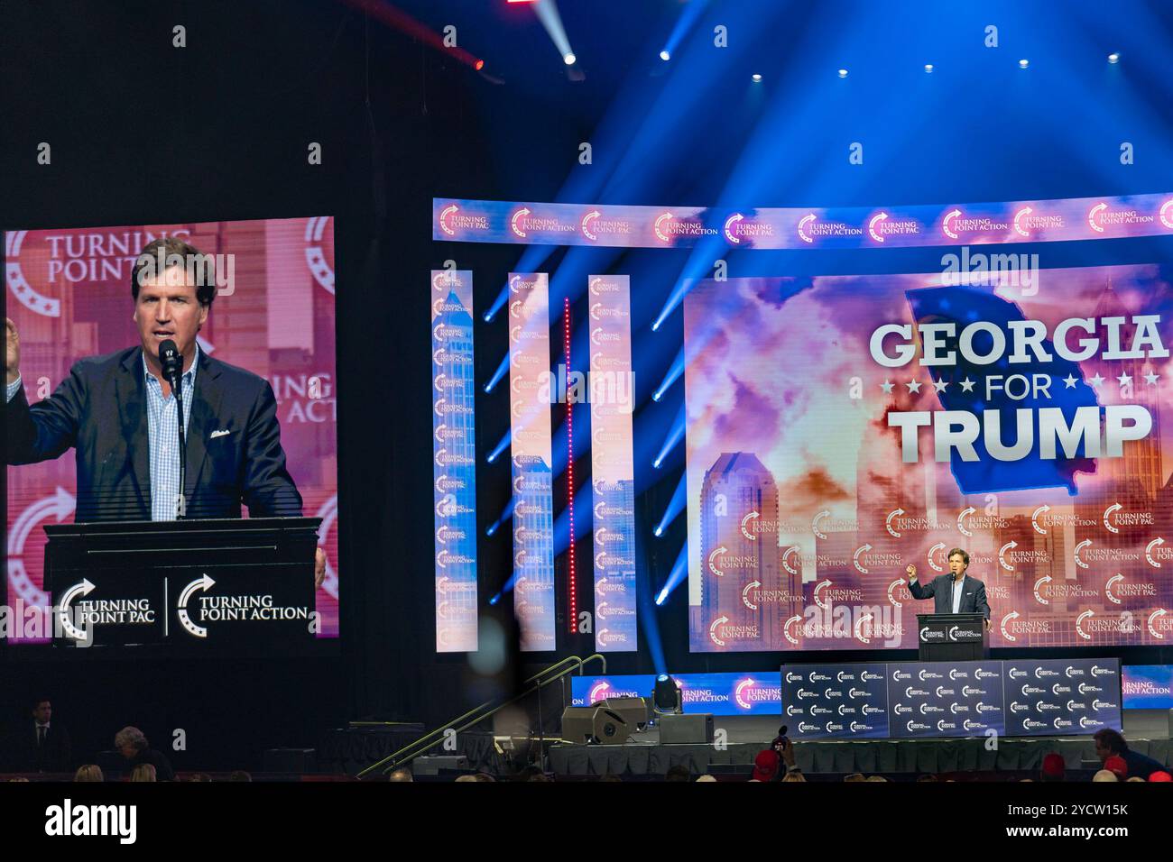 US commentator Tucker Carlson speaks at a Donald Trump election rally ...