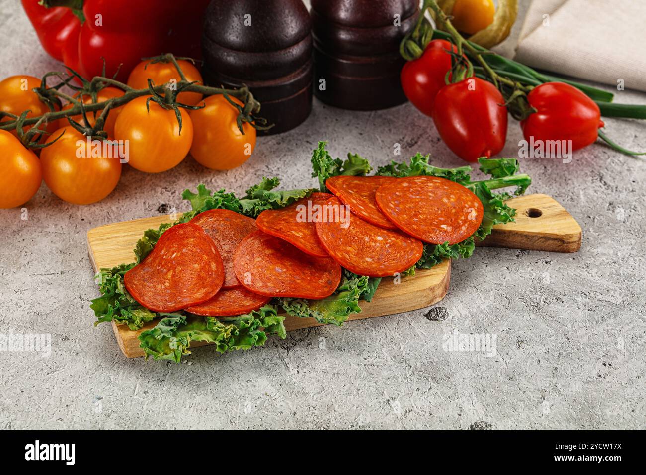 Spanish salami cured chorizo sausage slices Stock Photo - Alamy
