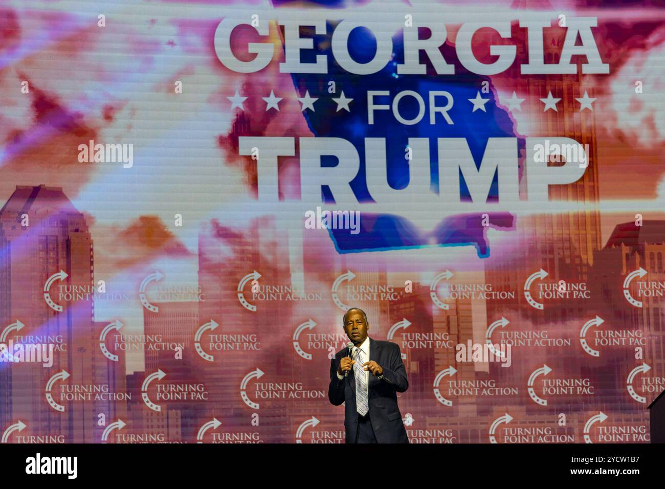 Dr Ben Carson speaks at a Donald Trump election rally at the Gas South ...