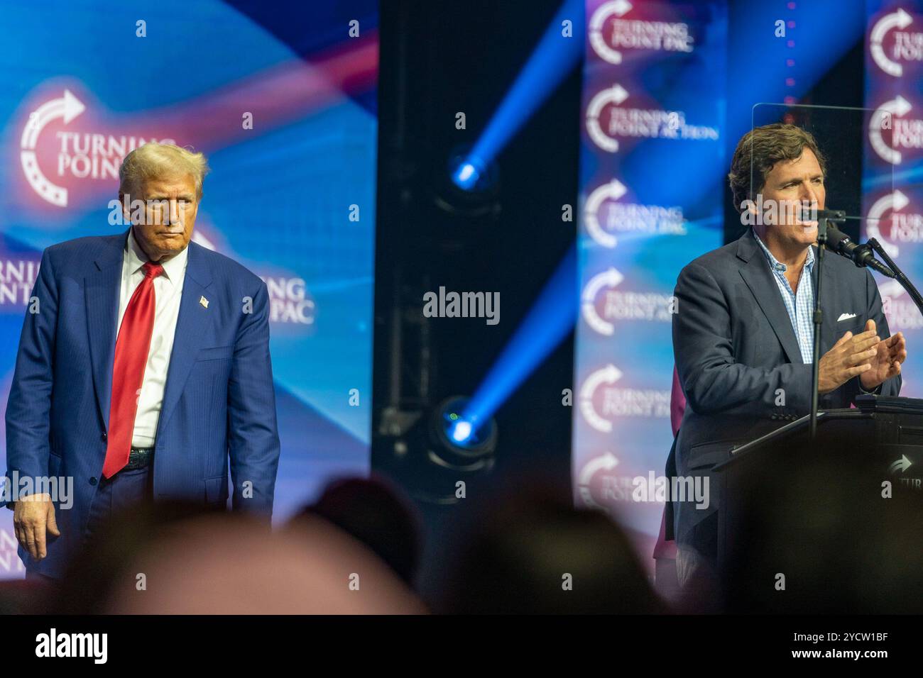 US commentator Tucker Carlson speaks at a Donald Trump election rally ...