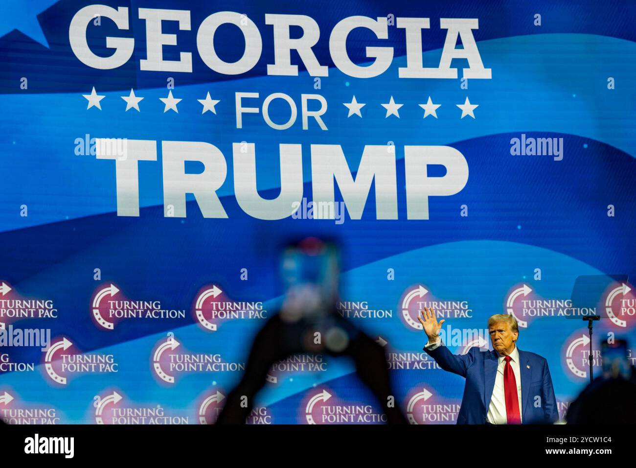 Donald Trump speaks at his election rally at the Gas South Arena in ...