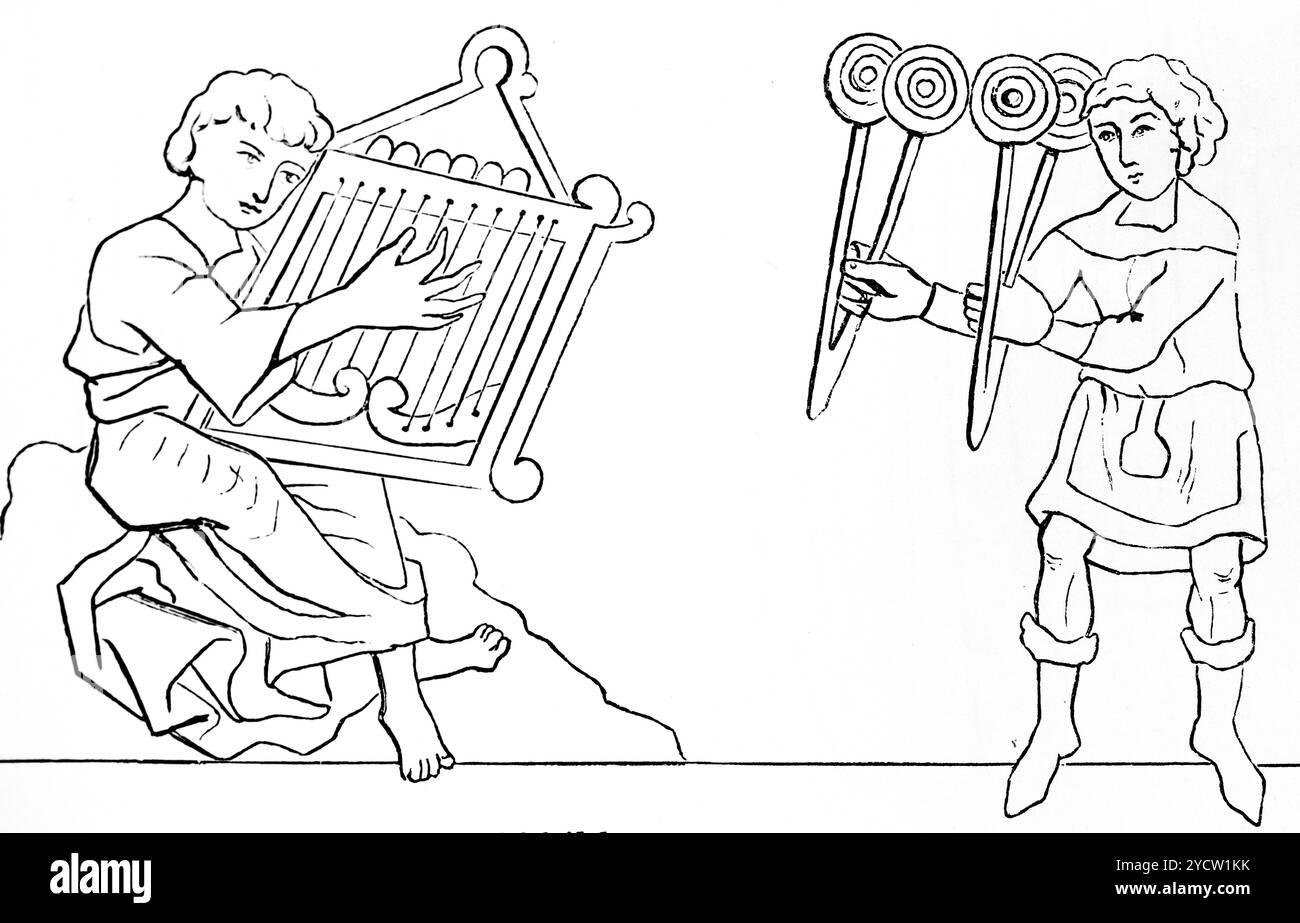 Musicians playing ancient instruments, a psalterion (i) ans cybals ...