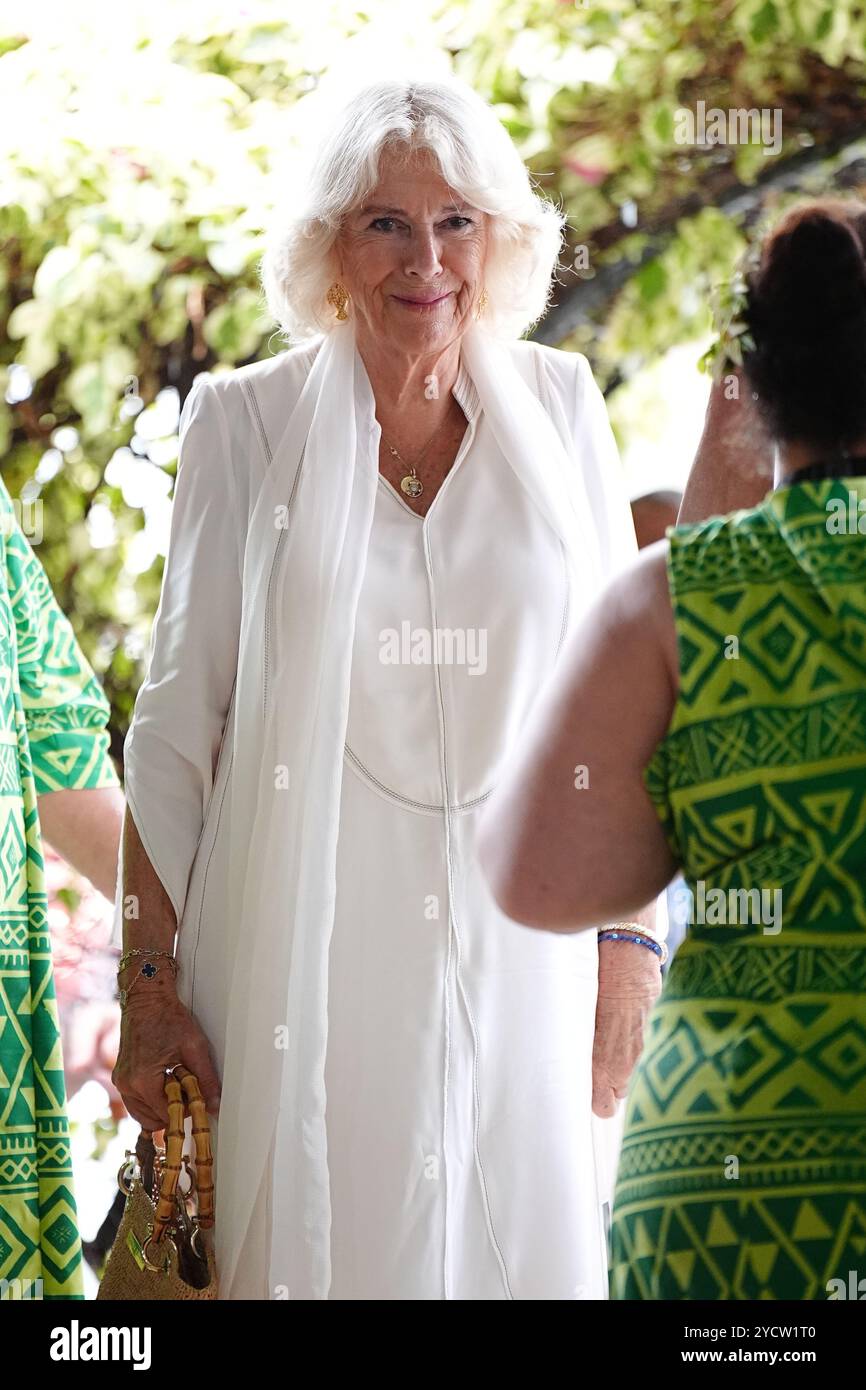 Queen Camilla during a visit to the Samoan Cultural Village in Apia ...