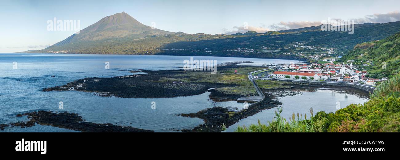 Panoramic view of Fishing village Lajes do Pico with Volcano Mount Pico ...