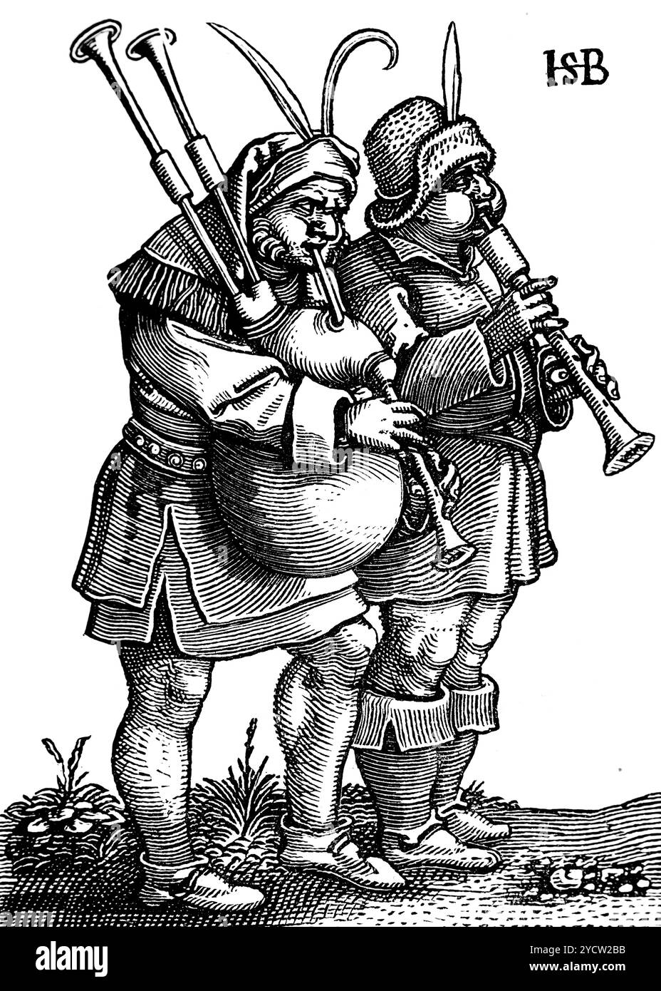 Portrait of a bagpipe and Rauschfeifen player, woodwind instruments ...