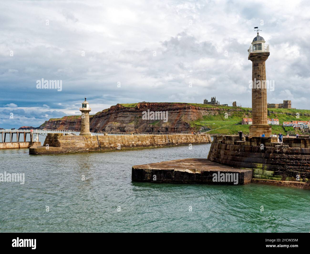 Looking back from the outer pier to the main stone breakwaters at the ...