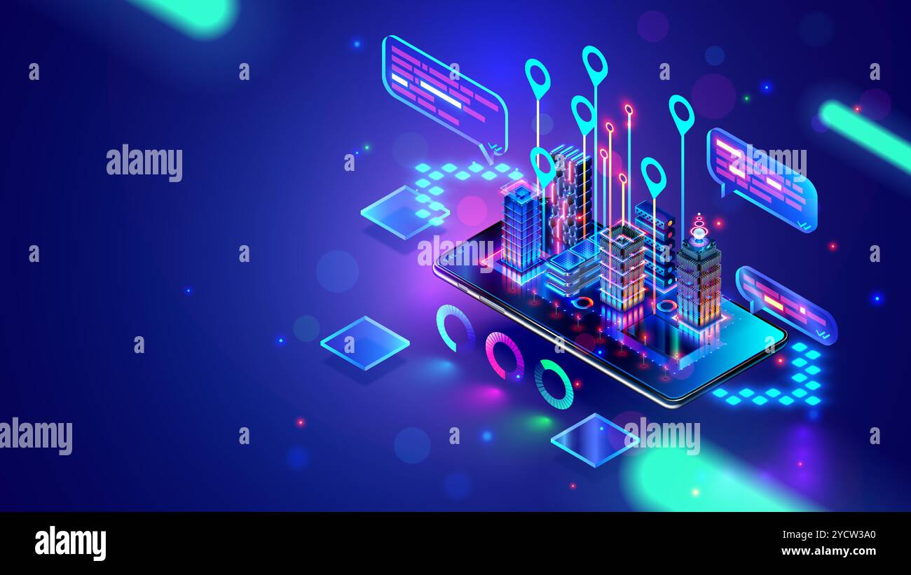 Smart city on phone isometric concept. AI controls Futuristic Smart ...