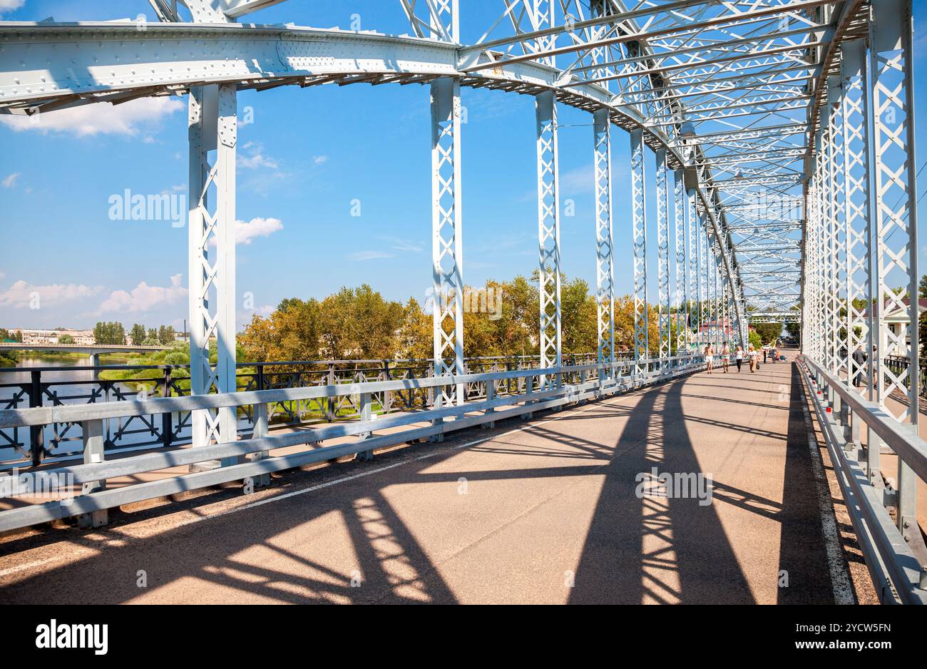 First in Russia steel arch bridge on river Msta. Historic iron bridge ...