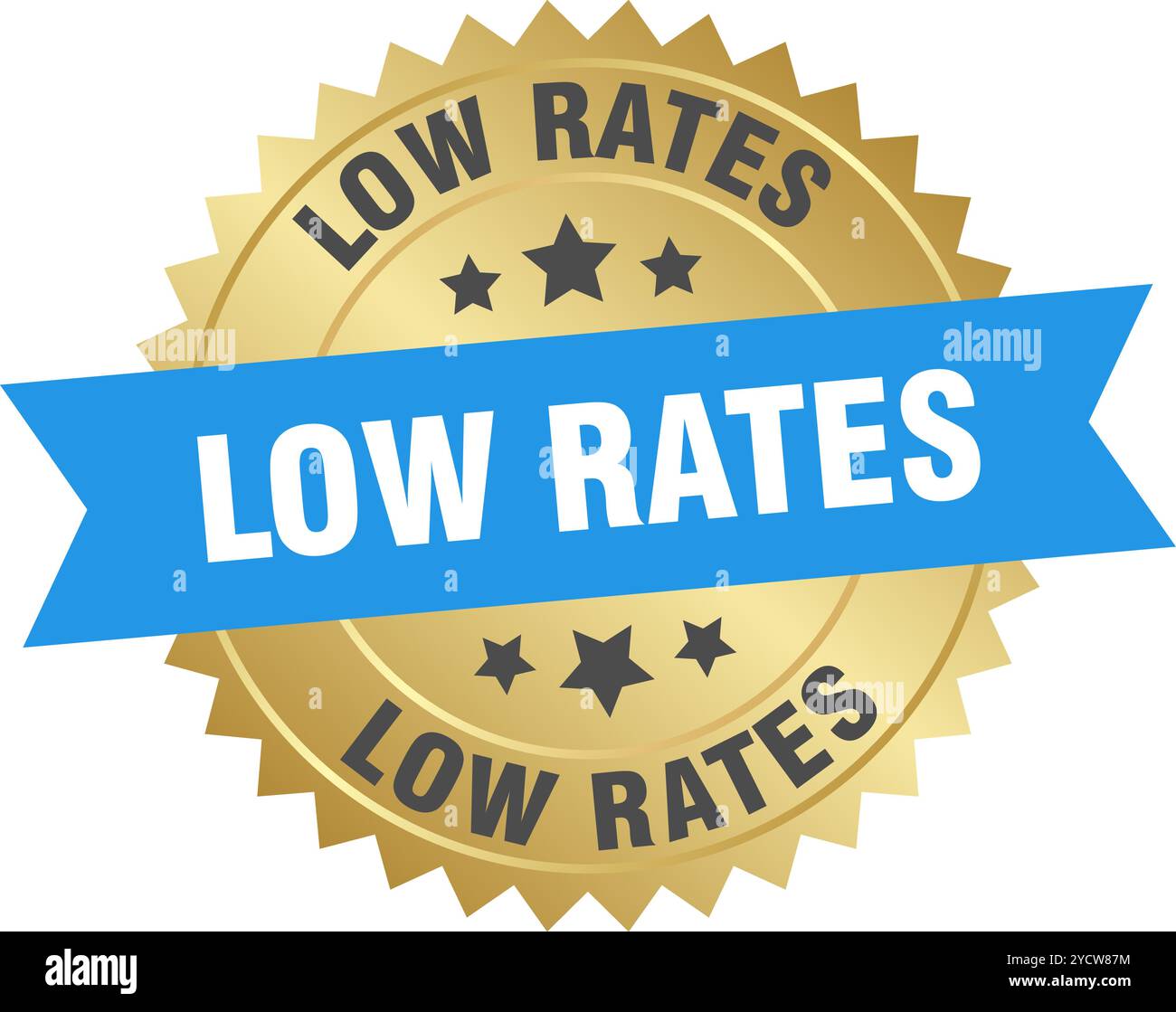 low rates round blue and gold label isolated on transparent background ...