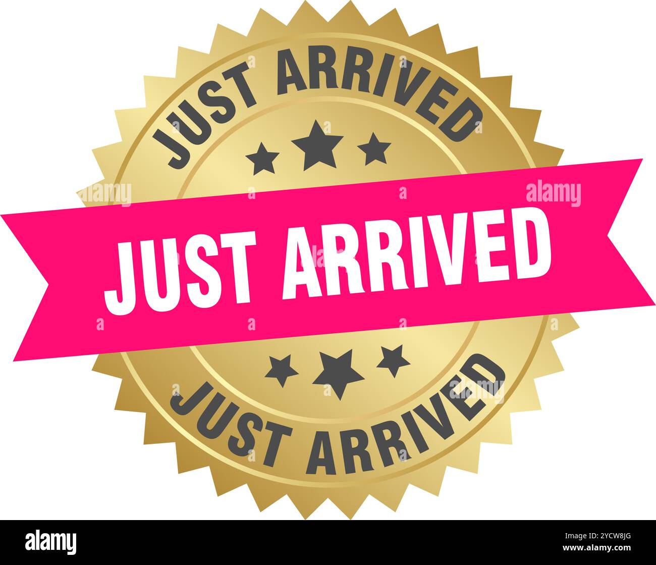 just arrived round pink and gold label isolated on transparent background. just arrived Stock ...