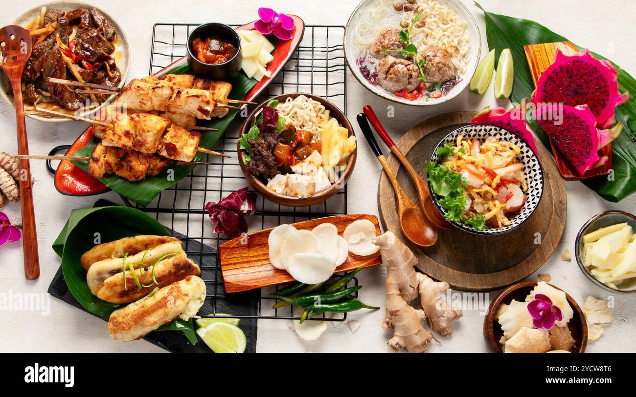 Assorted indonesian food set- nasi goreng, Rendang Pork, satay, bakso ...