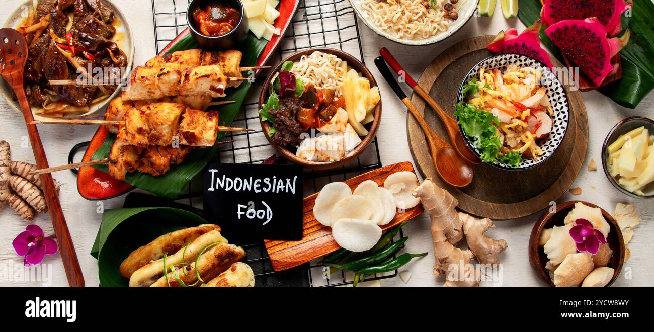 Assorted indonesian food set- nasi goreng, Rendang Pork, satay, bakso ...