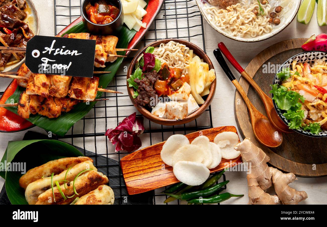 Assorted indonesian food set- nasi goreng, Rendang Pork, satay, bakso ...