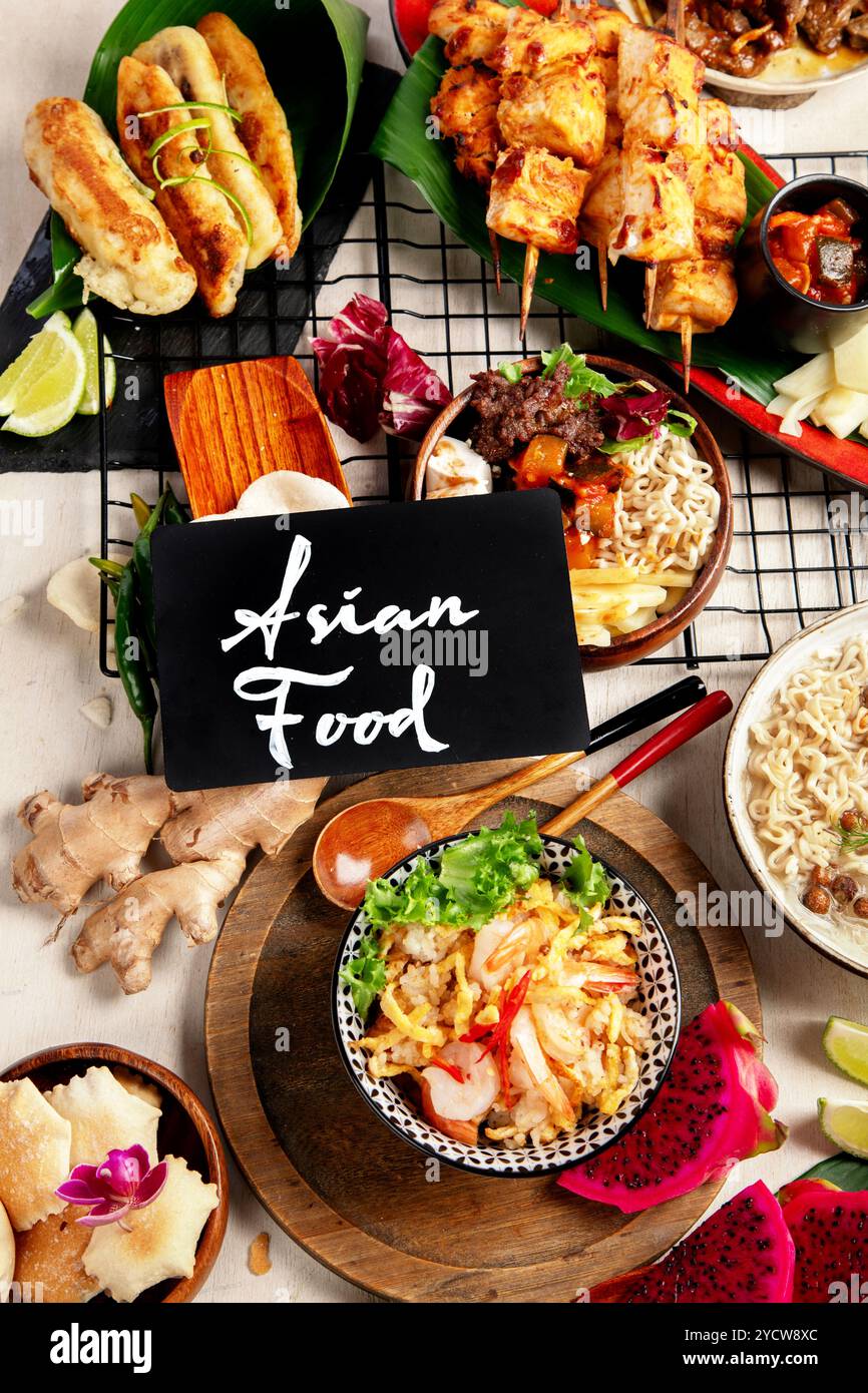 Assorted indonesian food set- nasi goreng, Rendang Pork, satay, bakso ...