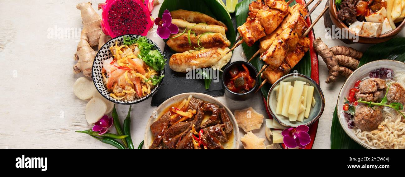 Assorted indonesian food set- nasi goreng, Rendang Pork, satay, bakso ...