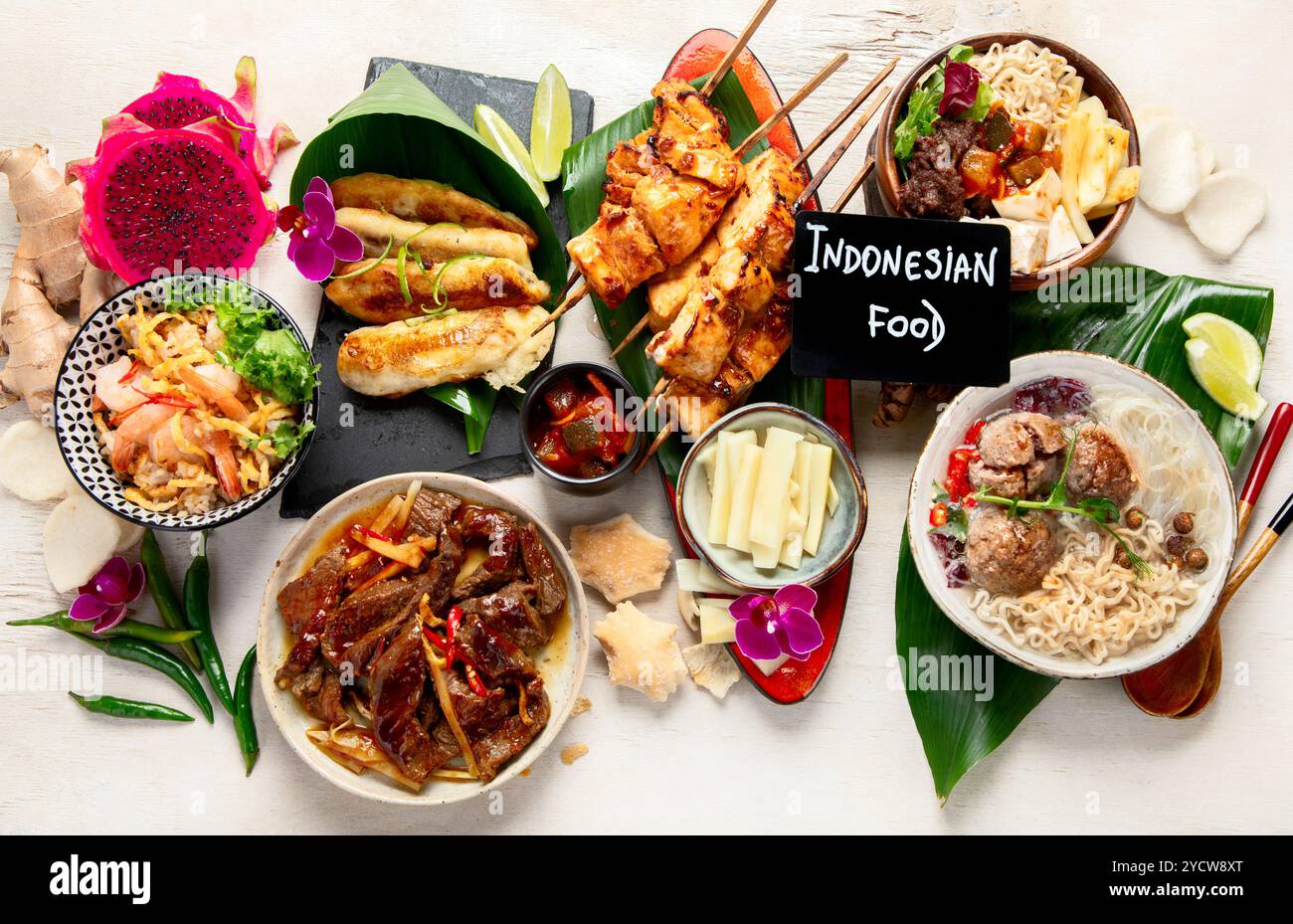 Assorted indonesian food set- nasi goreng, Rendang Pork, satay, bakso ...
